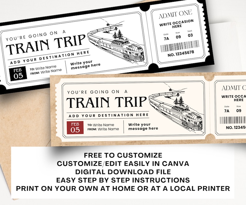 CUSTOMIZABLE Train Ticket Template Travel Gift Coupon Printed Creative ...