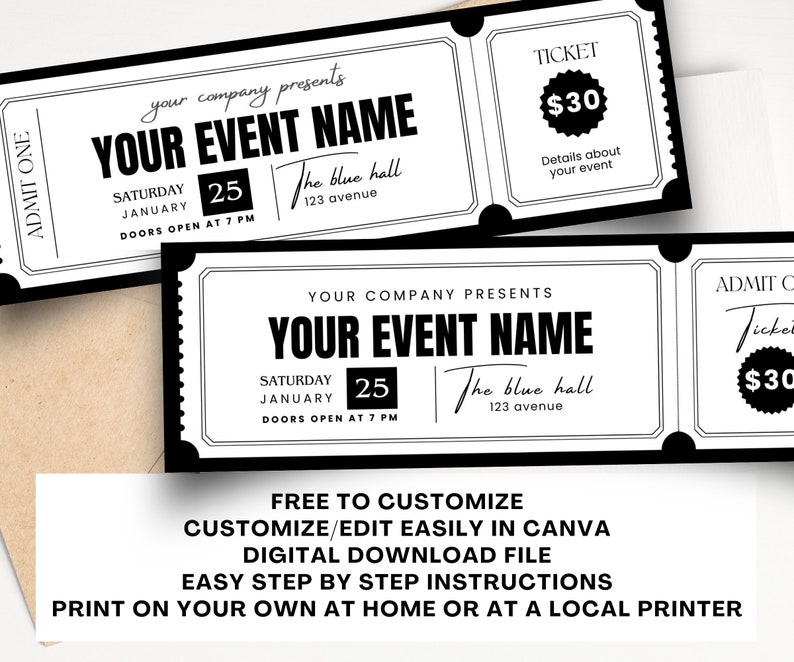 CUSTOMIZABLE Event Ticket, EDITABLE Printable Event Tickets Event ...