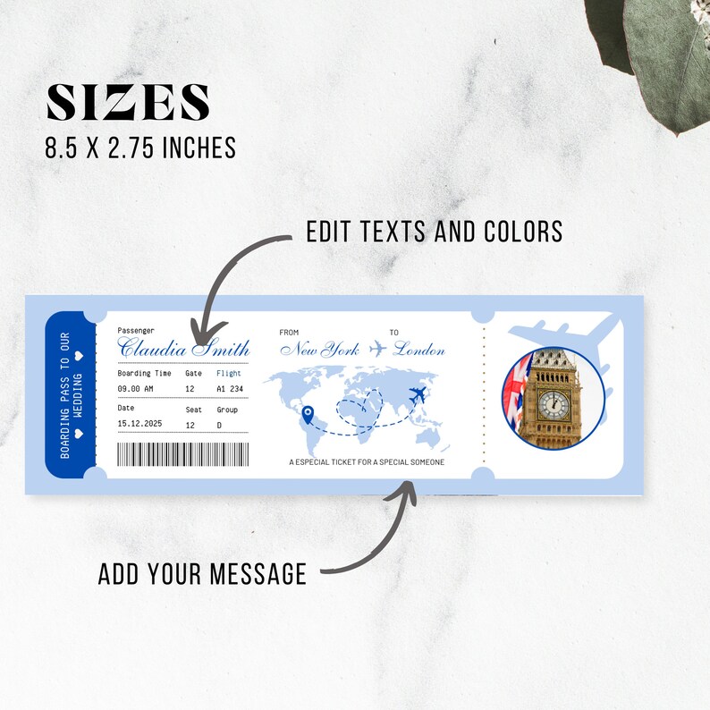 Editable Boarding Pass Template, Airline Ticket Canva, Printable ...