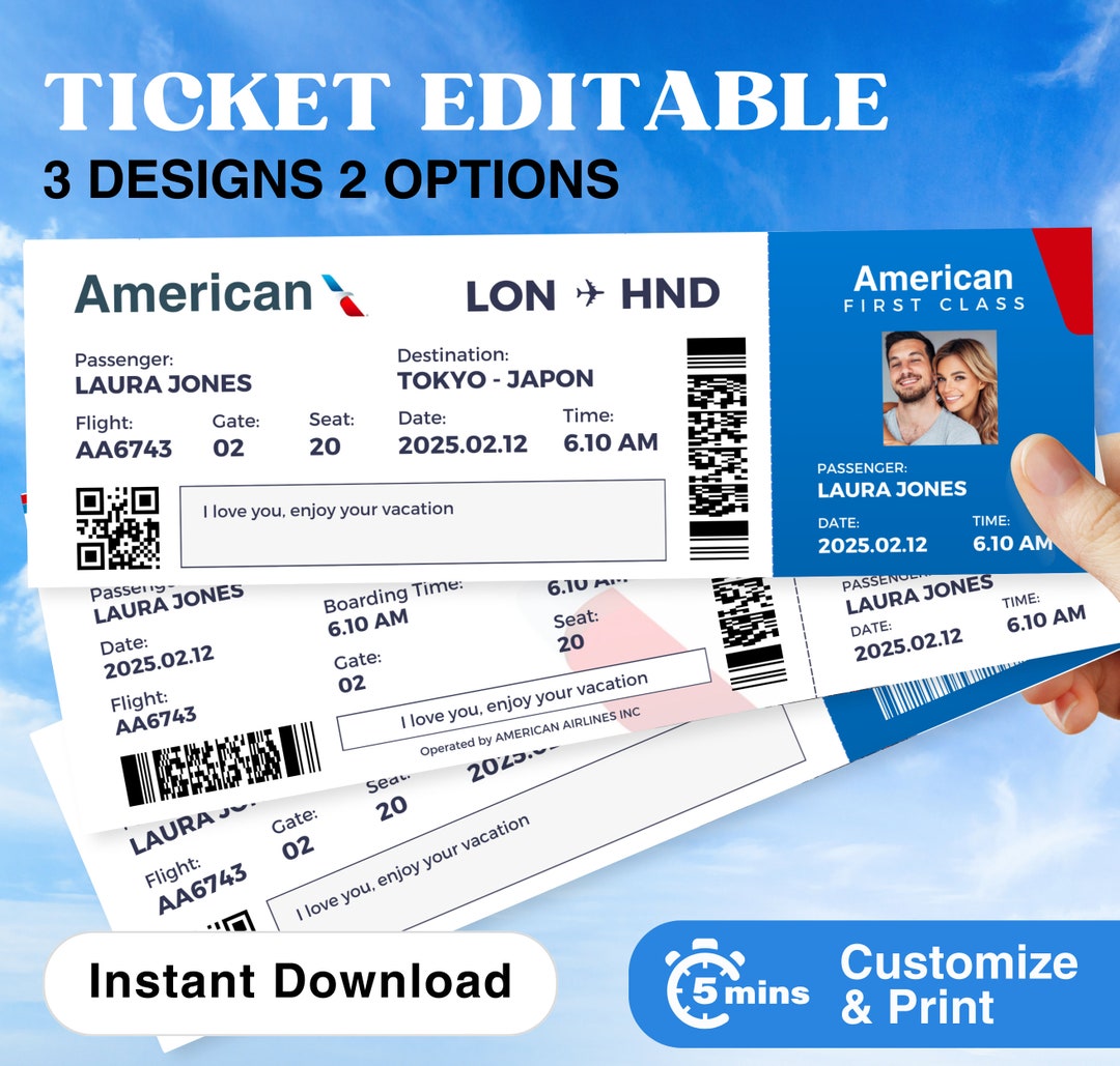 EDITABLE Airline Ticket Template Surprise Gift Idea Gift for Her Printable Boarding Pass Canva ...