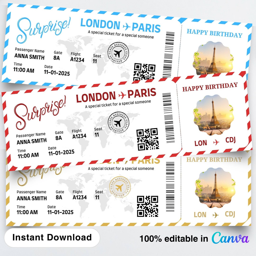 Pack 3 Editable Boarding Pass Template, Airline Ticket Canva, Printable ...