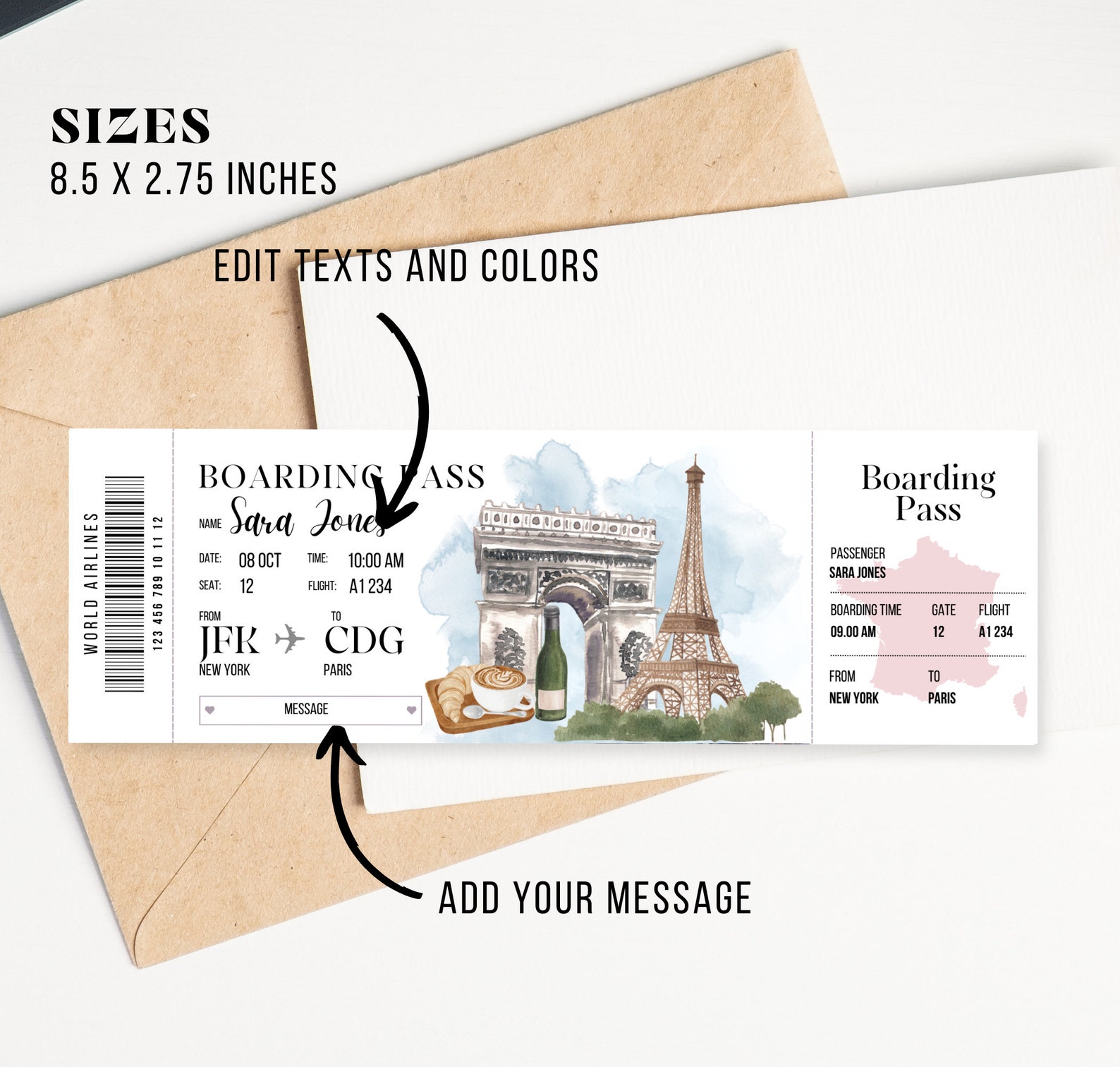 Editable Ticket Template Paris Surprise Boarding Pass Ticket, Trip ...