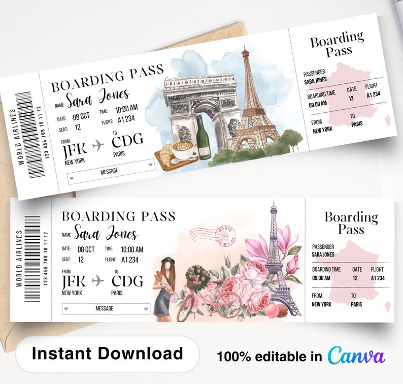 Editable Ticket Template Paris Surprise Boarding Pass Ticket, Trip ...