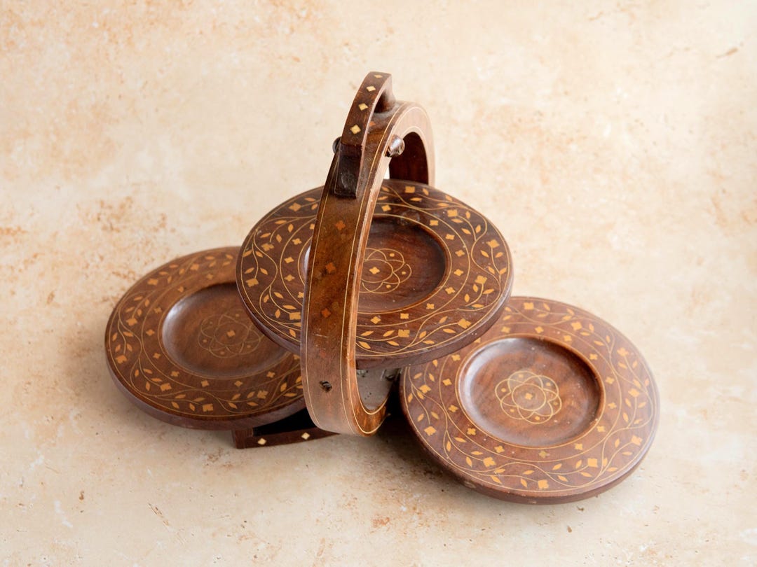 Vintage Folding 3 Tier Cake Stand | 70s Inlaid Teak Wood India | Retro ...