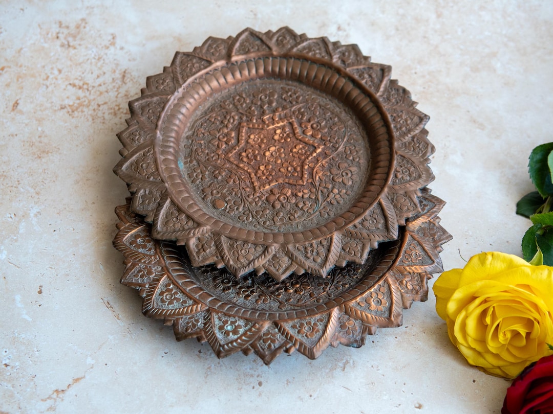 Antique Embossed Copper Tray Set: Floral Star Design, 11" Wall Decor - Etsy