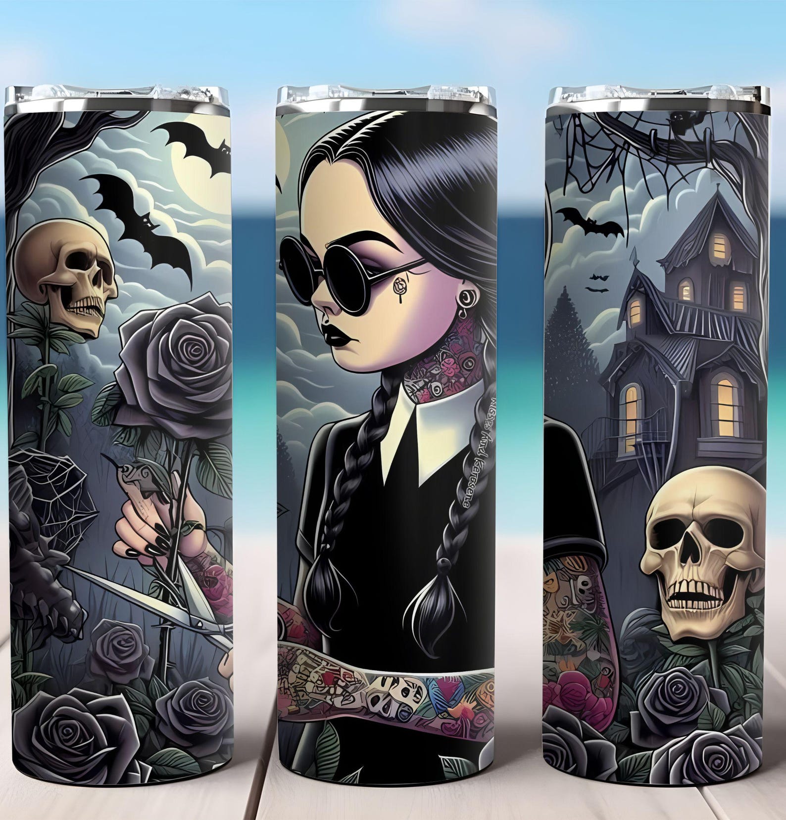 Gothic Wednesday Addams Tumbler Wrap: Skull, Roses, Bat (digital ...