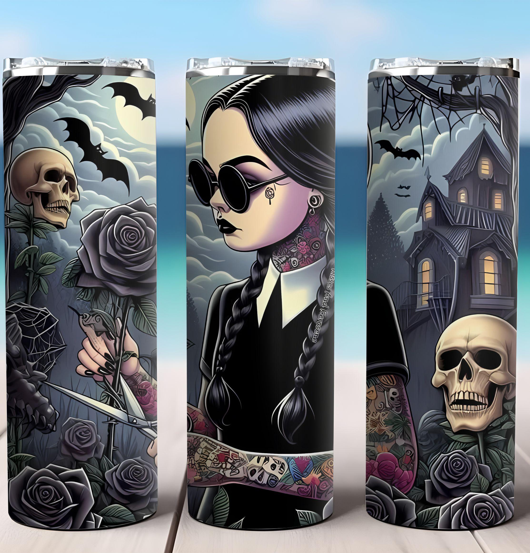 Gothic Wednesday Addams Tumbler Wrap: Skull, Roses, Bat (digital ...