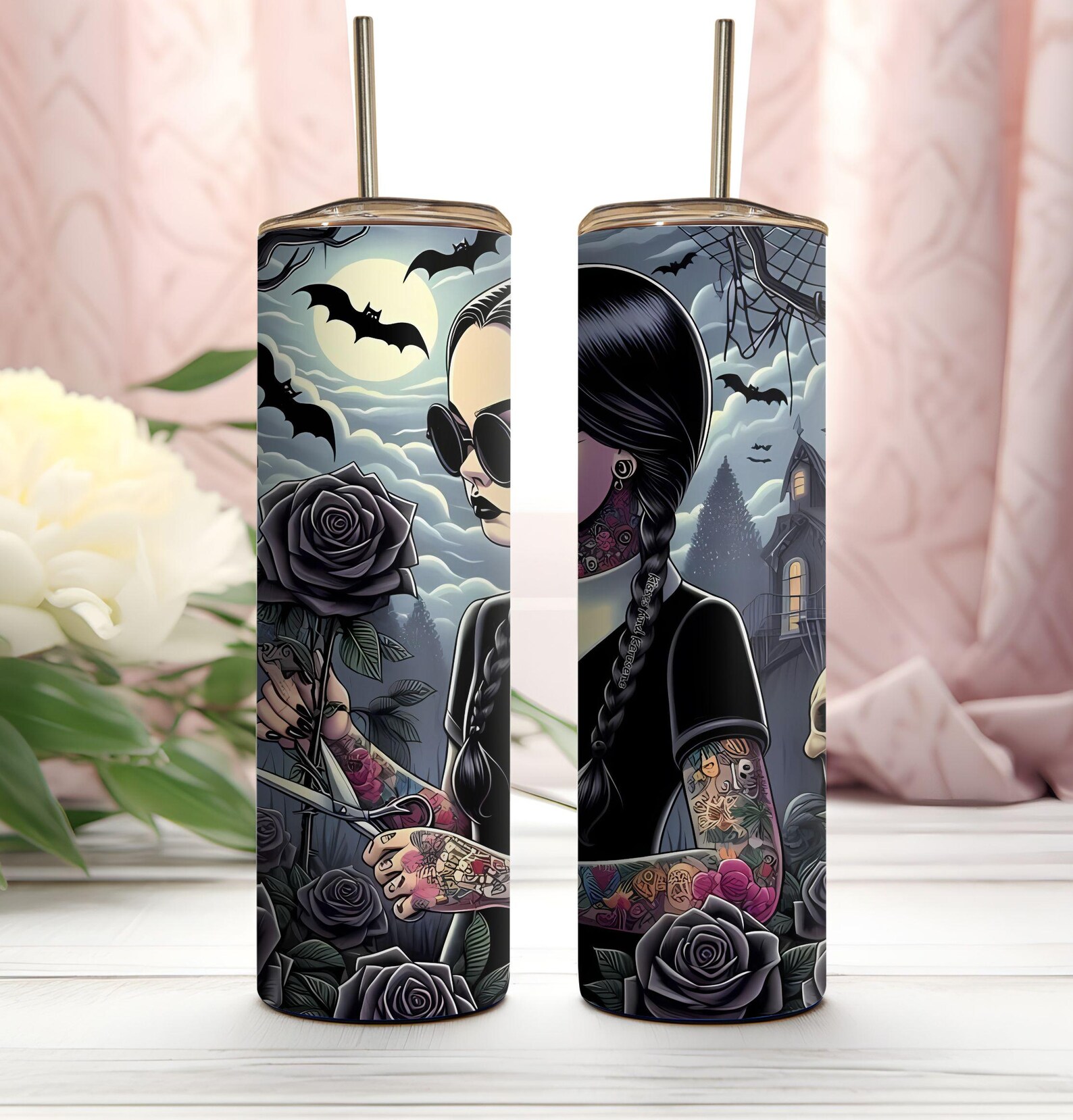 Gothic Wednesday Addams Tumbler Wrap: Skull, Roses, Bat (digital ...