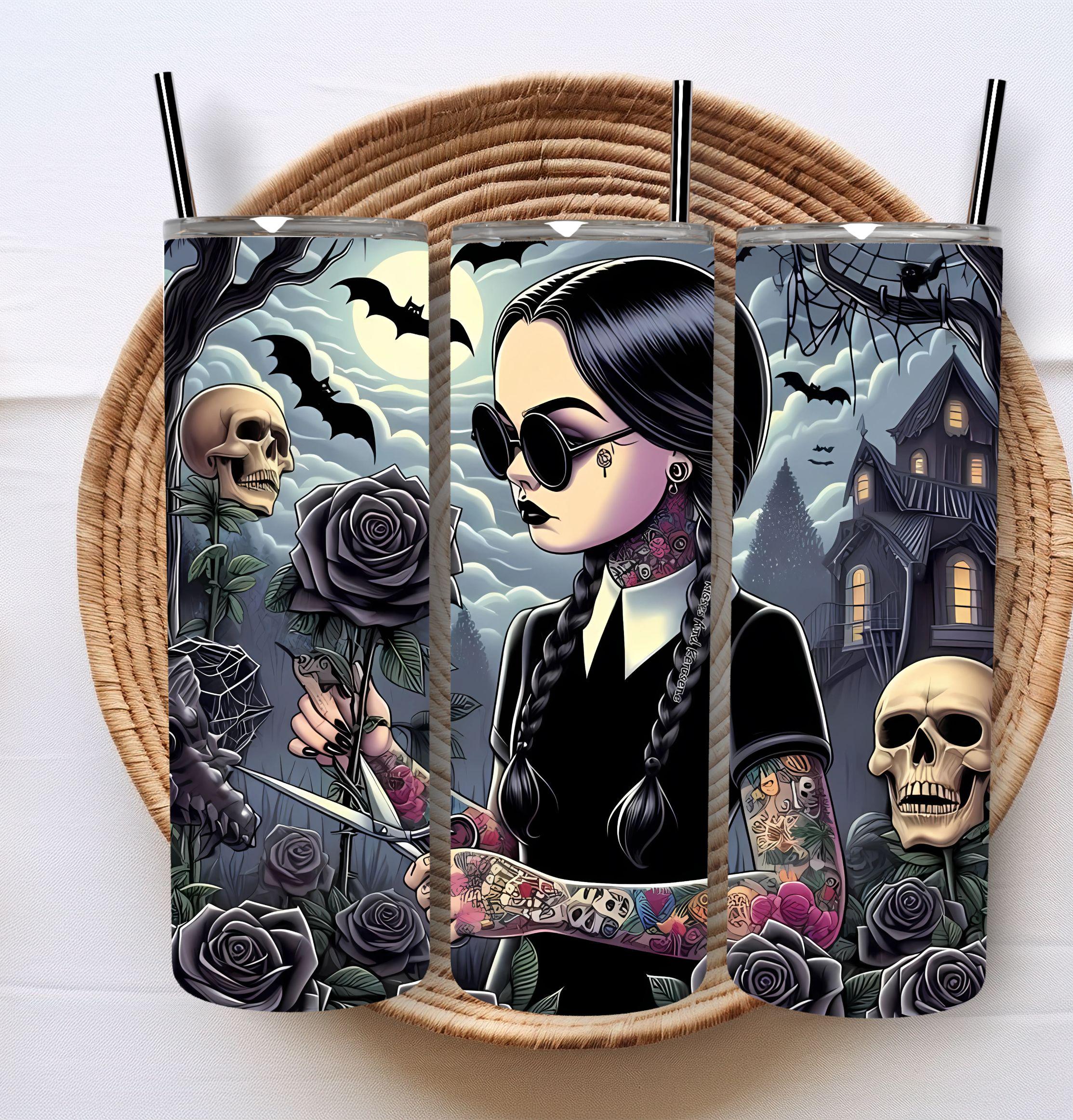 Gothic Wednesday Addams Tumbler Wrap: Skull, Roses, Bat (digital ...
