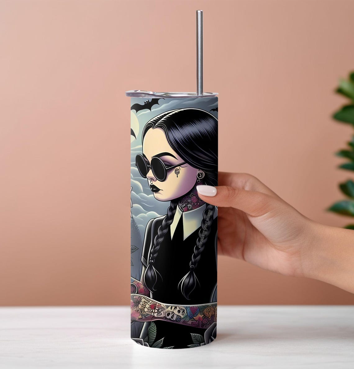 Gothic Wednesday Addams Tumbler Wrap: Skull, Roses, Bat (digital ...