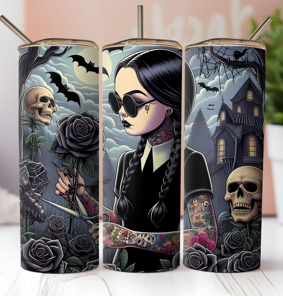 Gothic Wednesday Addams Tumbler Wrap: Skull, Roses, Bat (digital ...