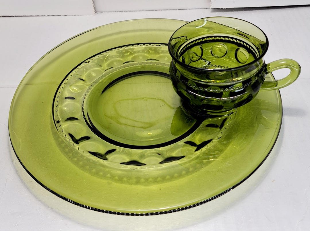 Indiana Glass Avocado Green Snack Plate and Cup - Etsy