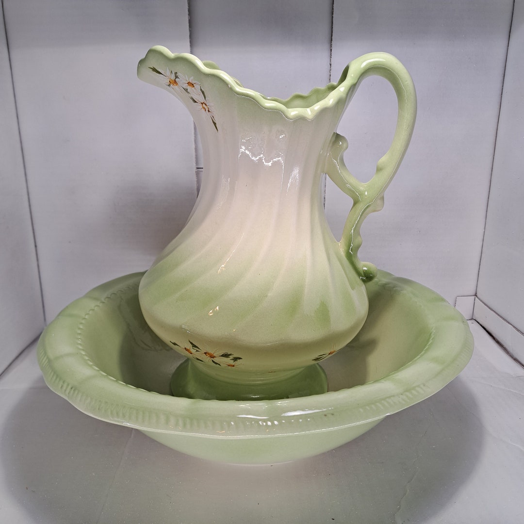 Ironstone England Wash Basin and Pitcher Green/white Floral - Etsy