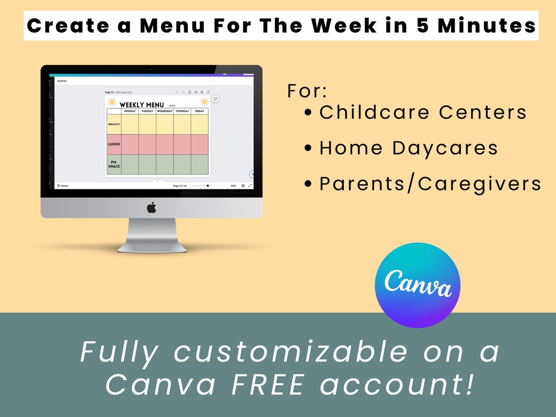 Daycare Weekly Menu Template for Daycares Meal Menu Template - Etsy