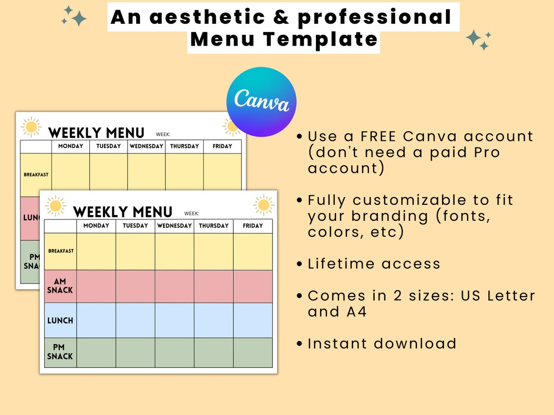 Daycare Weekly Menu Template for Daycares Meal Menu Template - Etsy