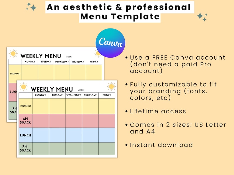 Daycare Weekly Menu Template for Daycares Meal Menu Template - Etsy