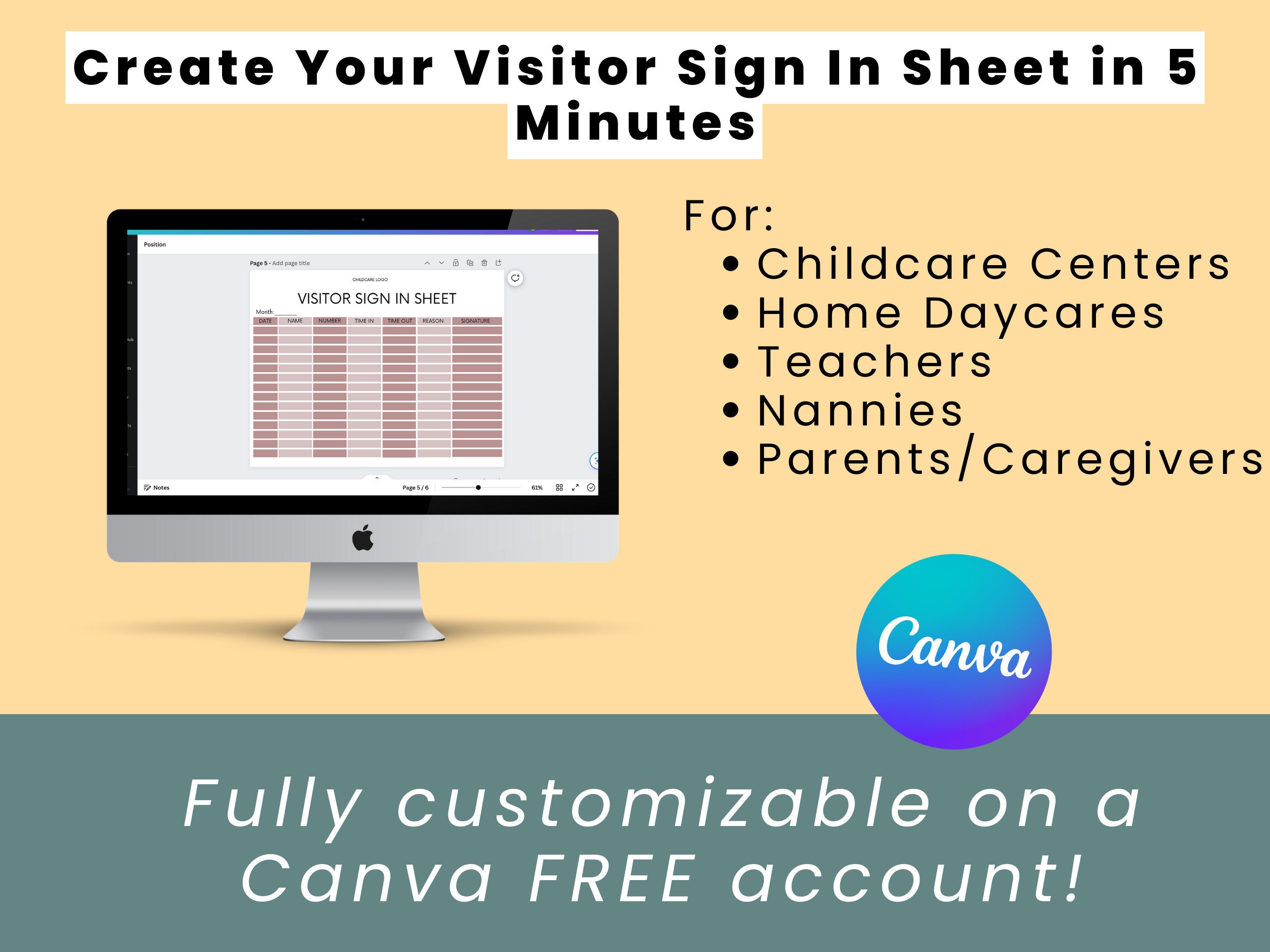 Daycare Monthly Sign in and Sign Out Sheet, Visitor Sign in and Out ...