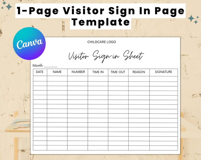 Daycare Monthly Sign in and Sign Out Sheet, Visitor Sign in and Out ...