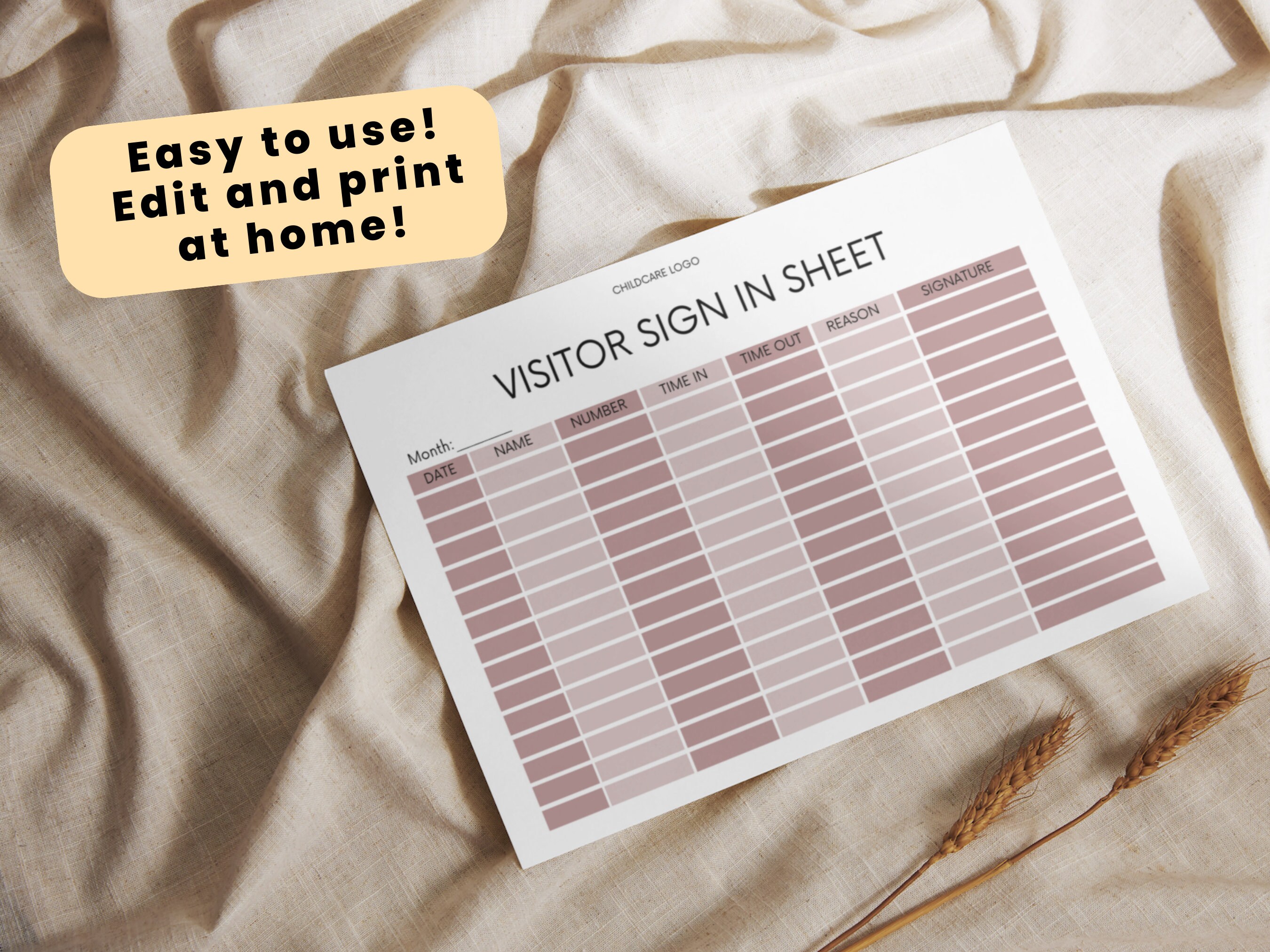 Daycare Monthly Sign in and Sign Out Sheet, Visitor Sign in and Out ...