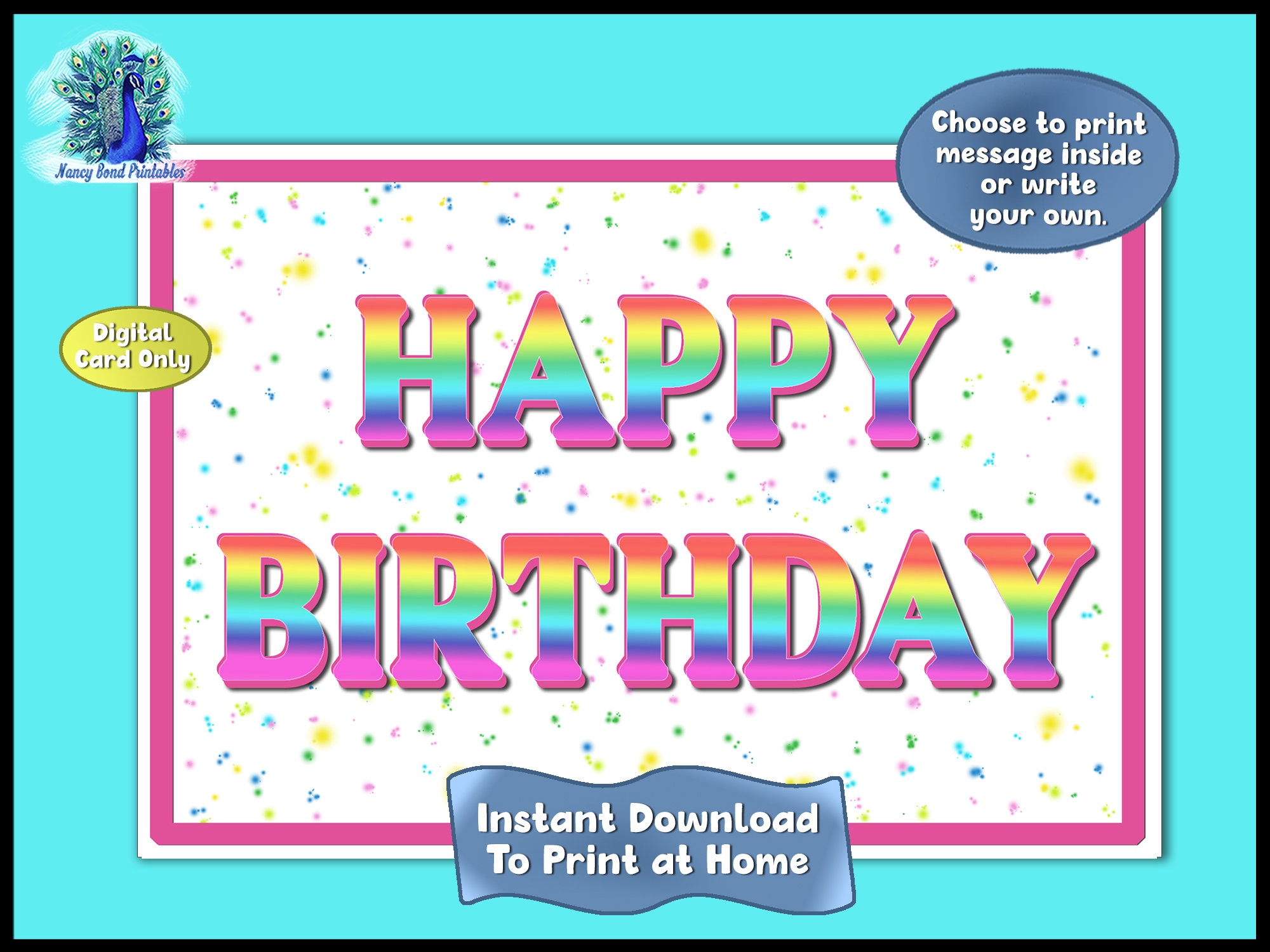 Digital Happy Birthday Rainbow Card Size 5x7 to Print at Home, Pastel ...