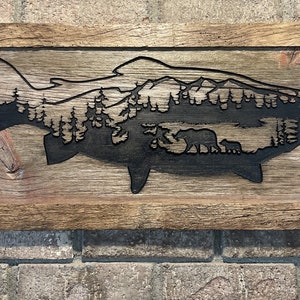 Rustic Reclaimed Barn Wood Art, Fish Inlayed With Mountains Bear Scene ...
