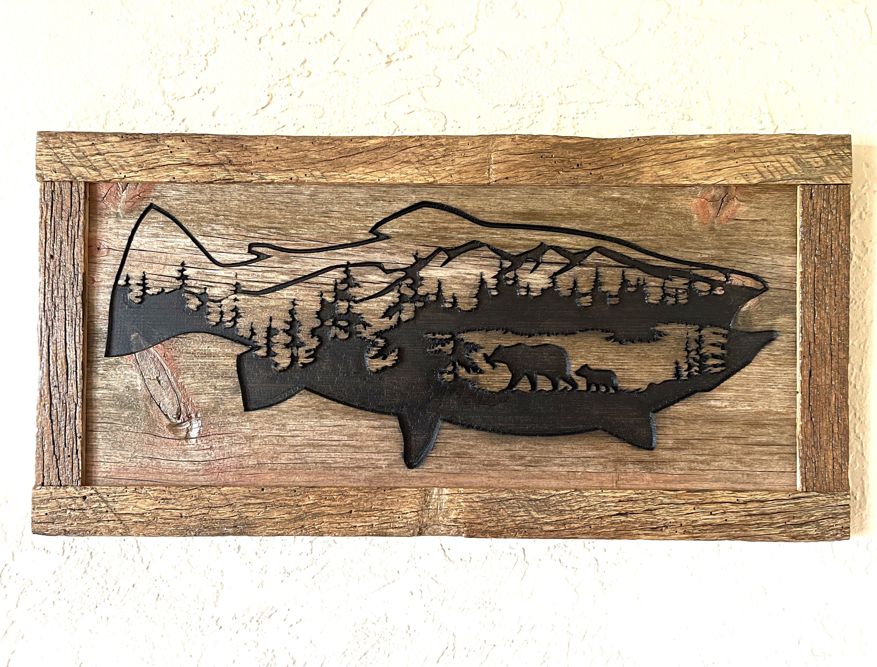 Rustic Reclaimed Barn Wood Art, Fish Inlayed With Mountains Bear Scene ...