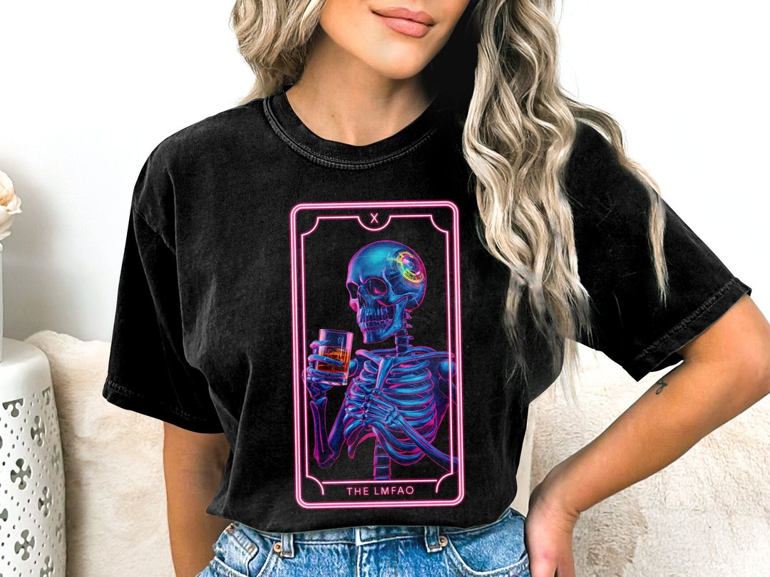 Ironical Tarot Card Digital PNG, the Lmfao Skeleton With Drink, Neon X ...