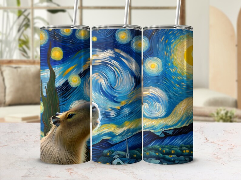 Capybara Van Gogh Starry Night 20oz Skinny Tumbler PNG, Whimsical ...