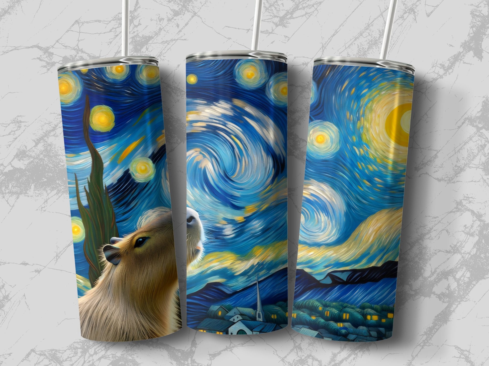 Capybara Van Gogh Starry Night 20oz Skinny Tumbler PNG, Whimsical ...