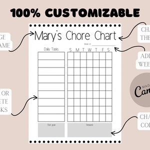Editable Chore Chart Digital Download Instant Download Printable - Etsy
