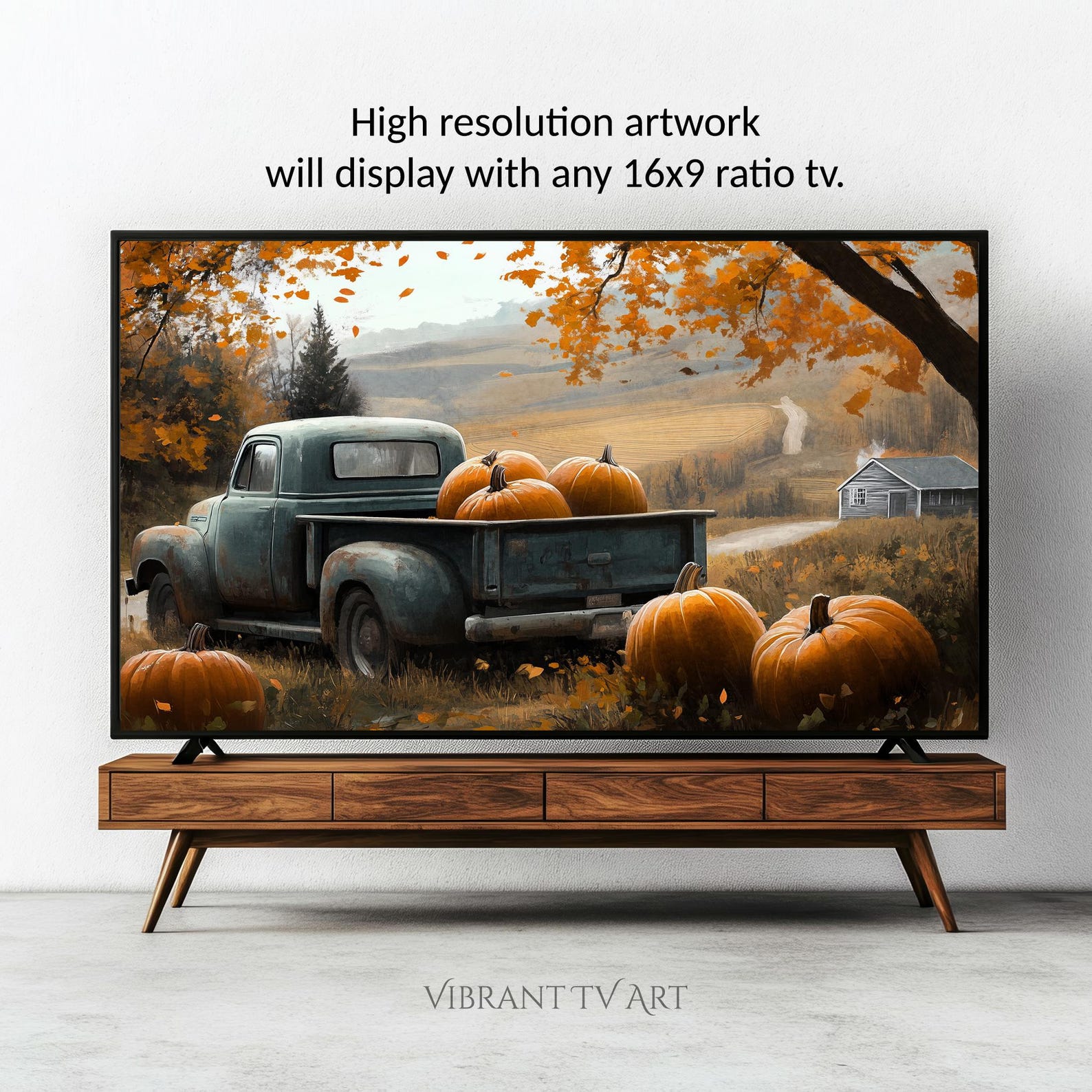Fall Farm Truck TV Art: Rustic Autumn Harvest Painting (digital ...