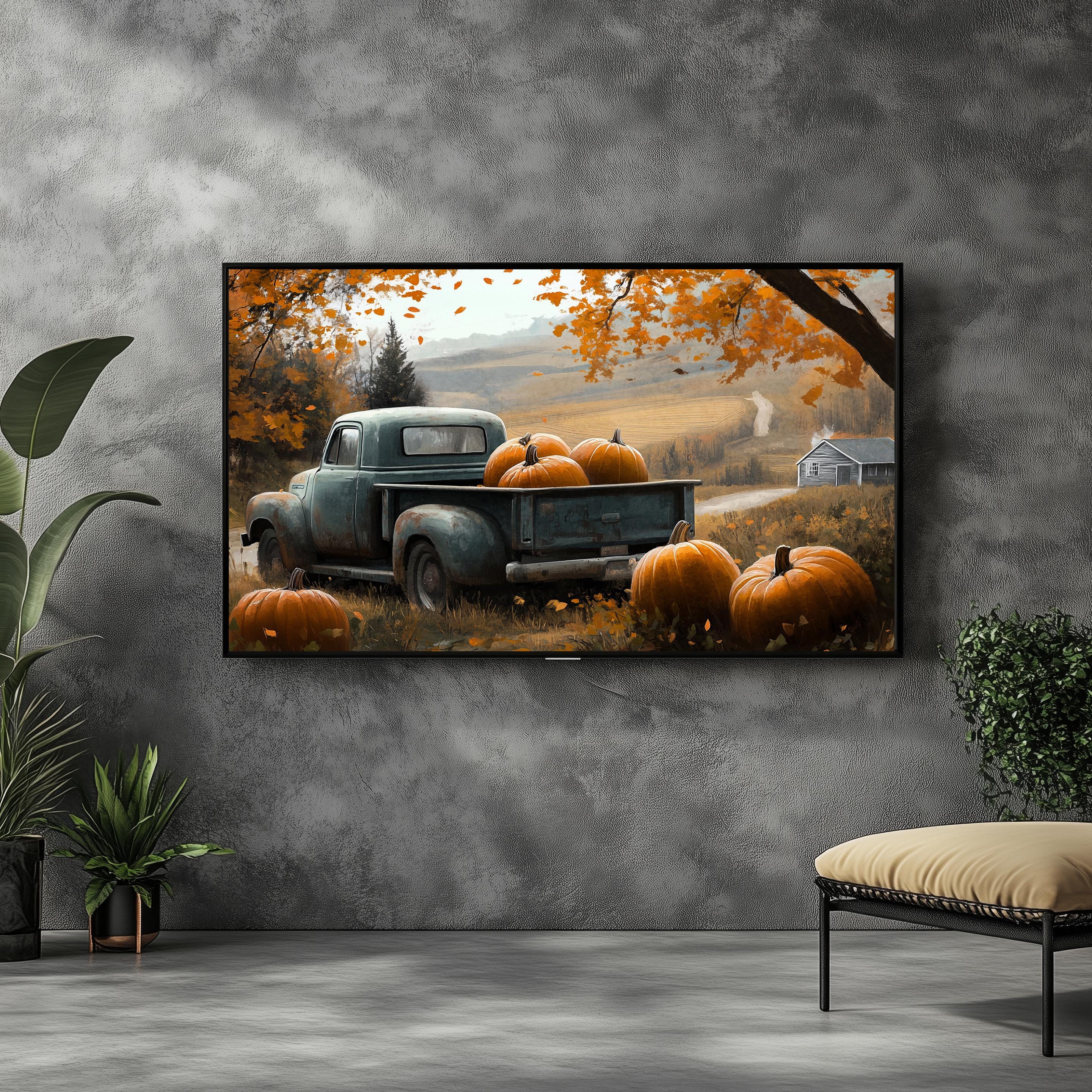 Fall Farm Truck TV Art: Rustic Autumn Harvest Painting (digital ...