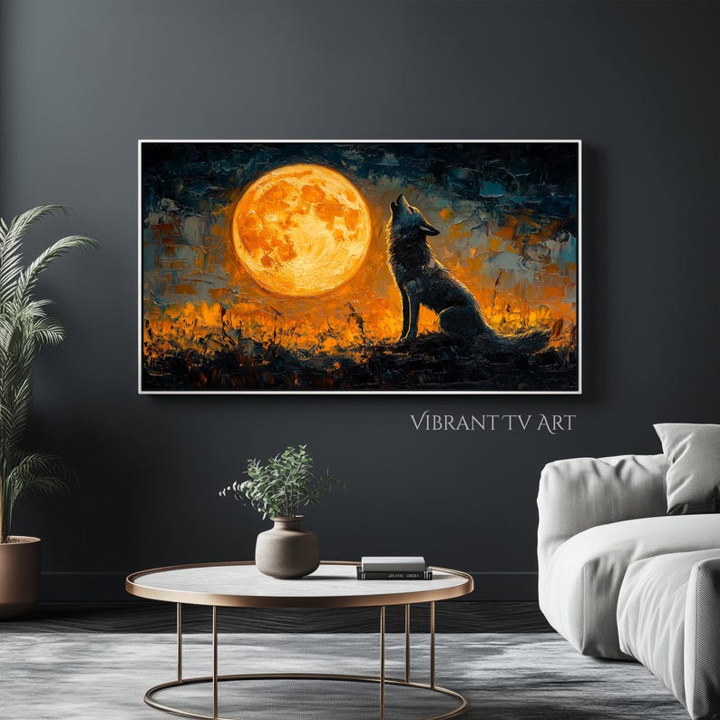 Wolf Howling at Moon Painting Frame TV Art, Halloween, Wolf Painting ...