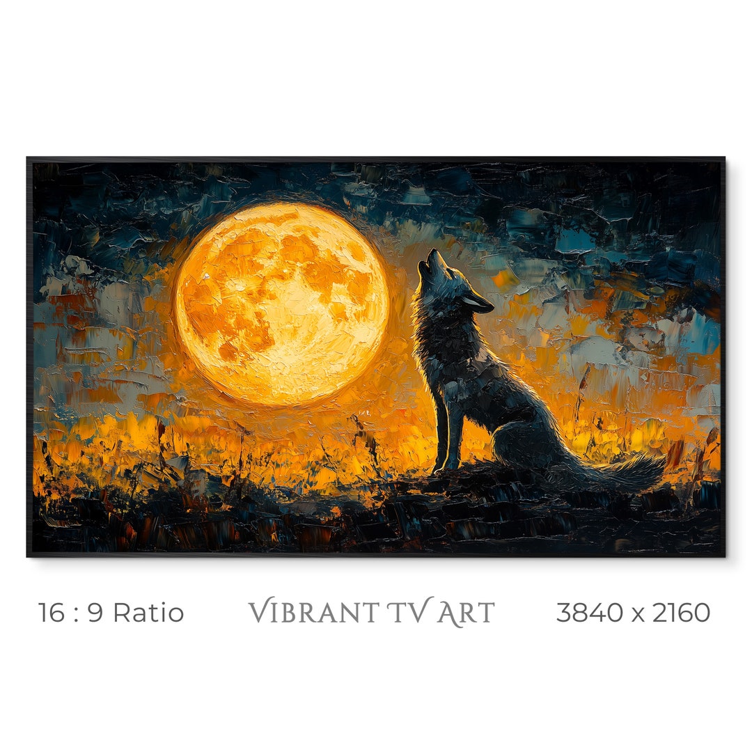 Wolf Howling at Moon Painting Frame TV Art, Halloween, Wolf Painting ...