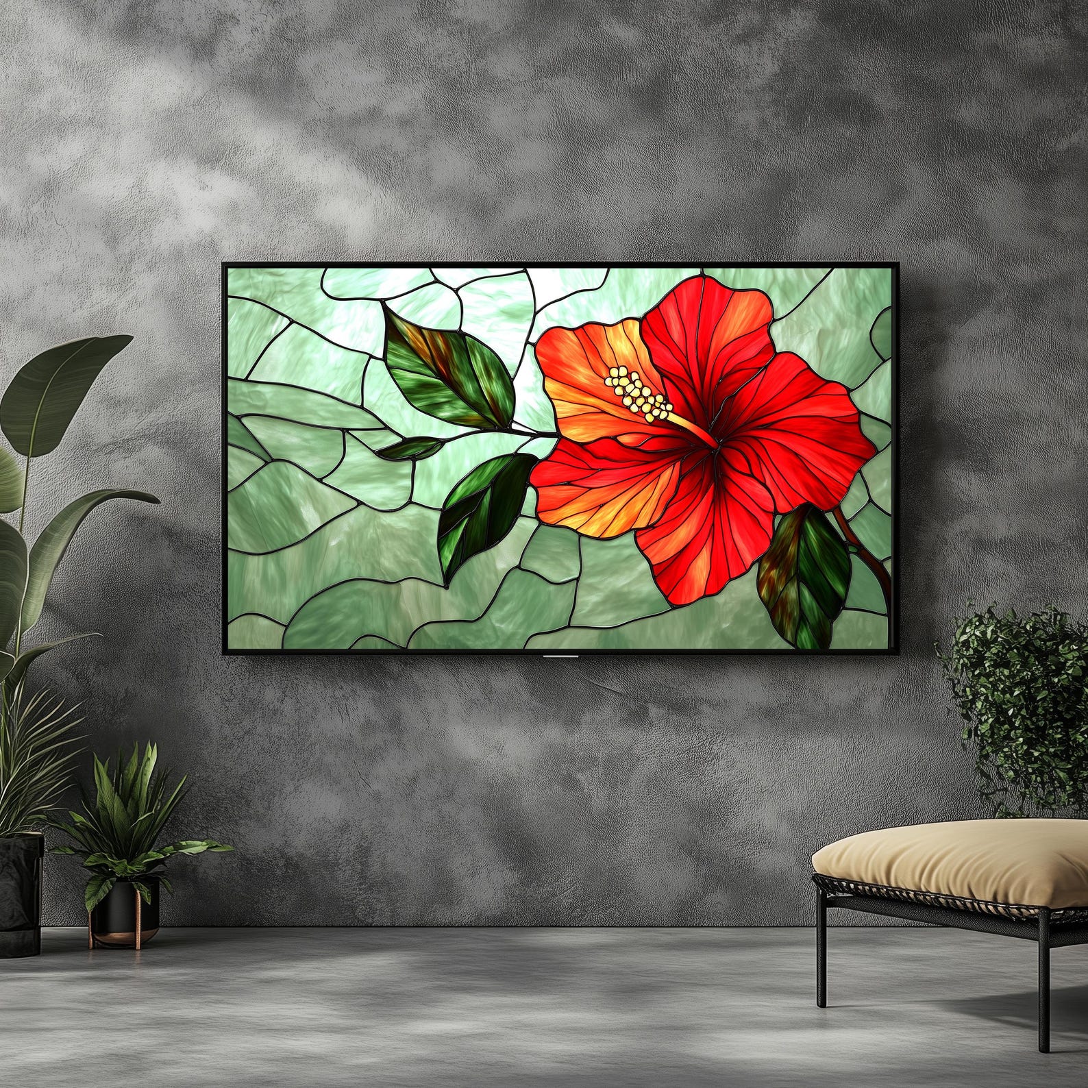 Hibiscus Stained Glass Frame TV Art, Modern Artwork for Digital Frame ...