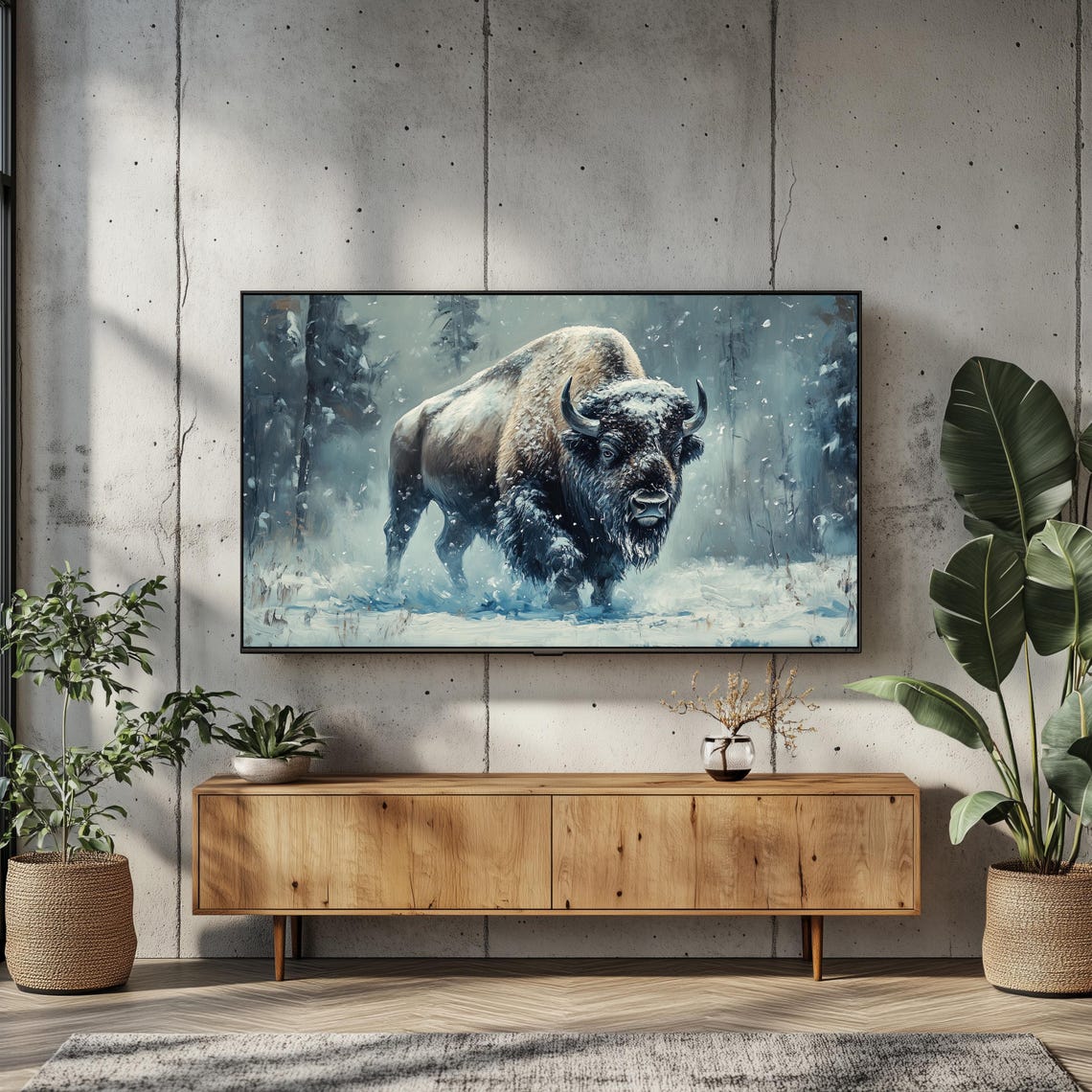 Winter Bison Frame TV Art, Bison Painting Download, Buffalo TV Art ...
