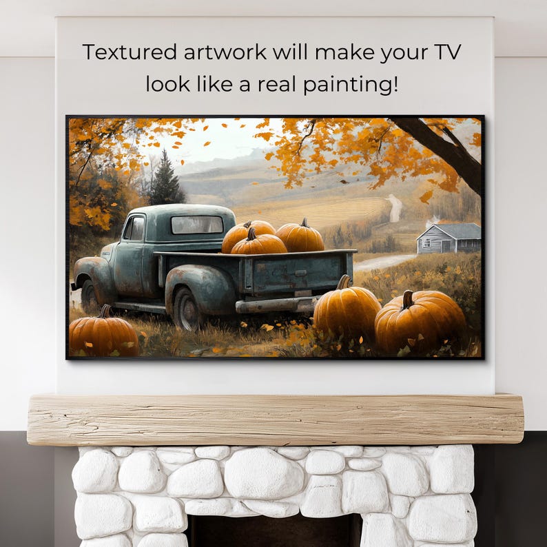 Fall Farm Truck TV Art: Rustic Autumn Harvest Painting (digital ...