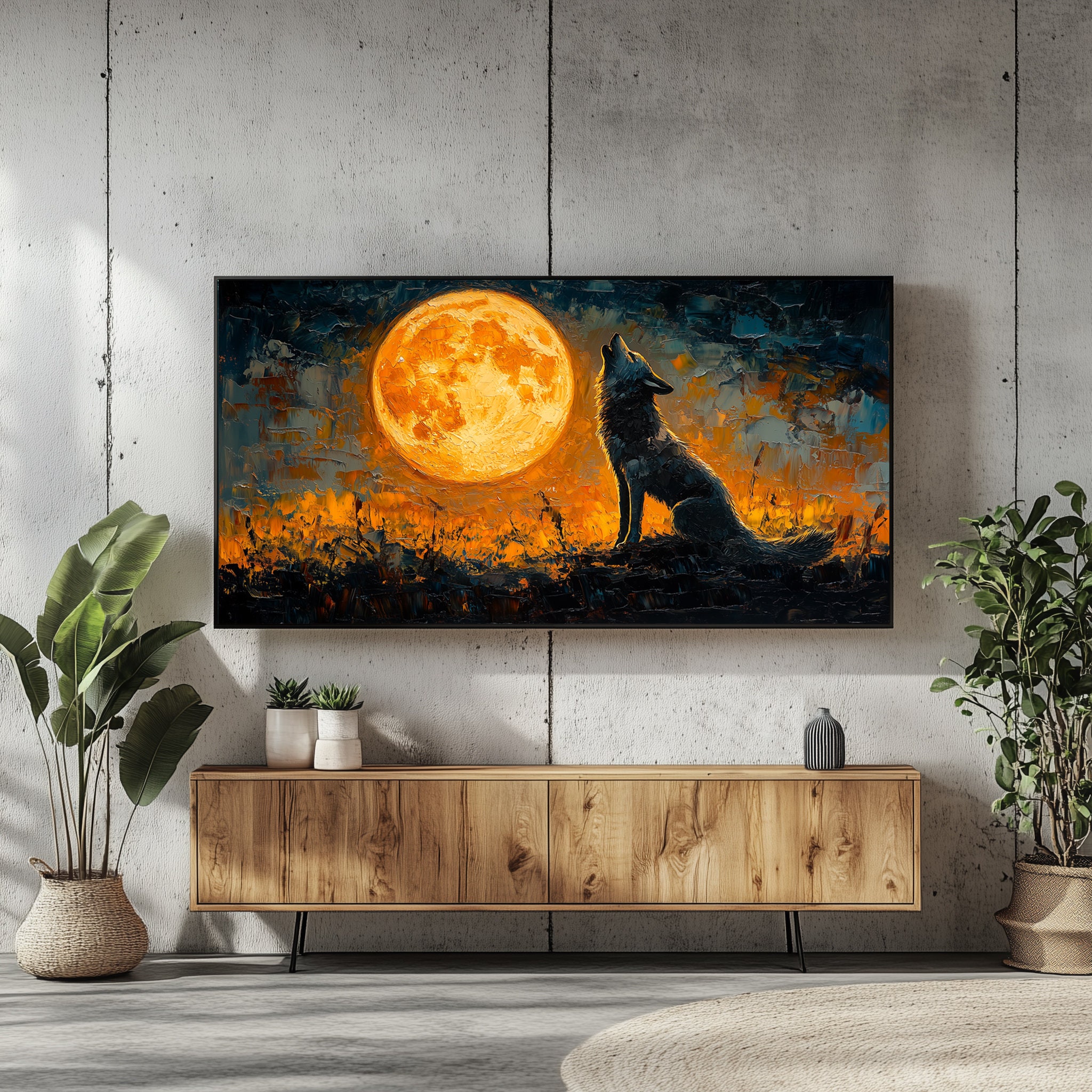 Wolf Howling at Moon Painting Frame TV Art, Halloween, Wolf Painting ...