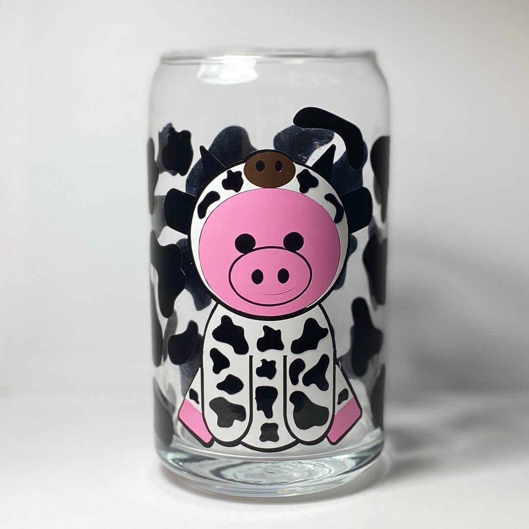 Cow-pig 16 Oz Glass Cup - Glass Can Soda Cup With Lid and Straw - Etsy