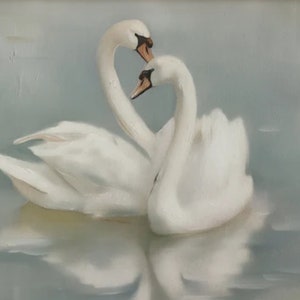 Two Swans Painting Swans Vintage Art Print Birds Painting Swimming ...