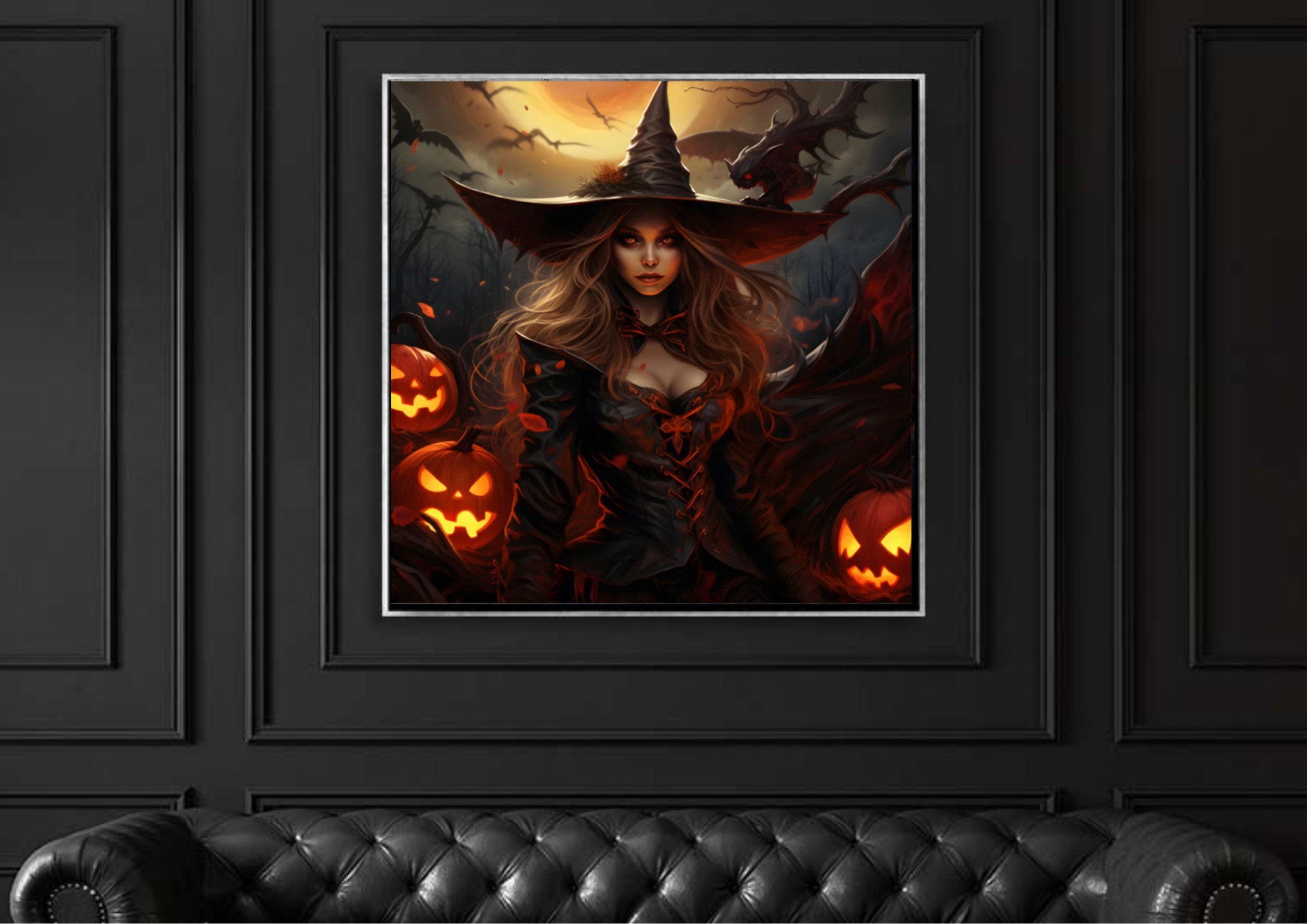 Black Witch in Dark Forest Print Creepy Pumpkins AI Generated Art Dark ...