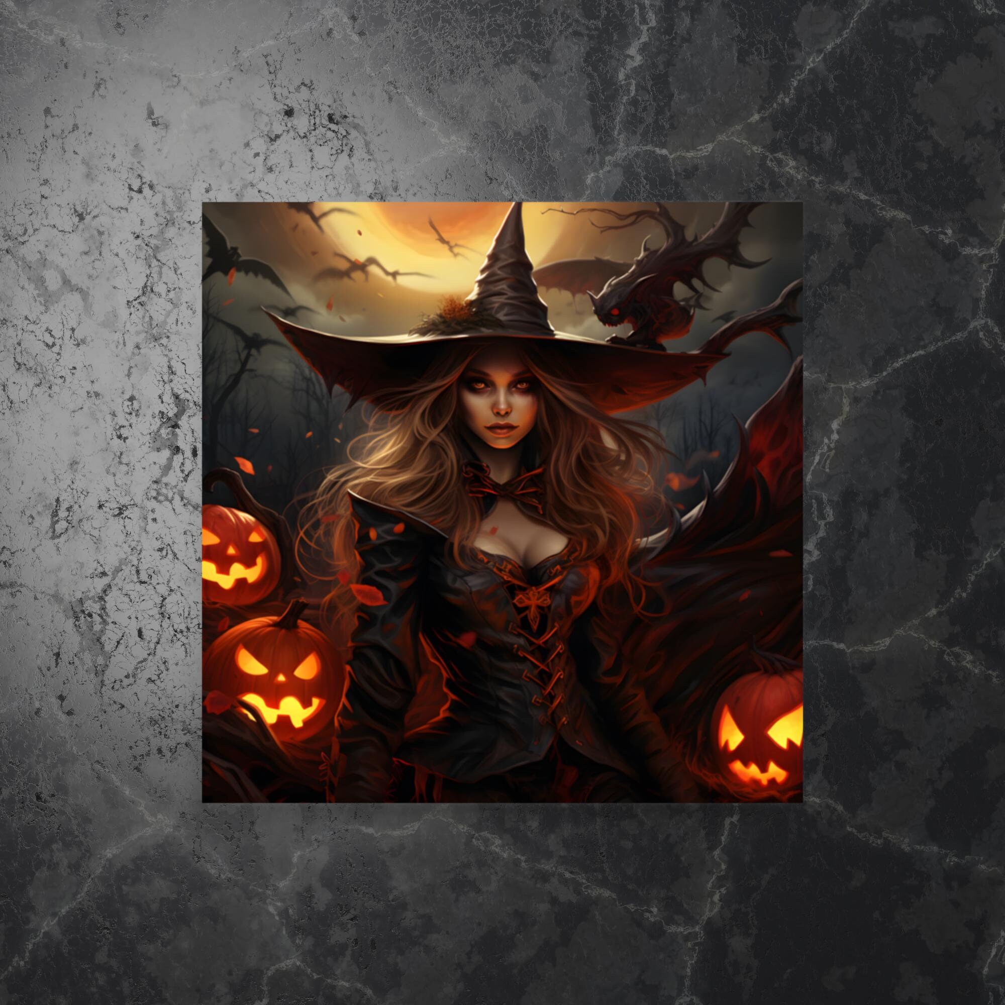 Black Witch in Dark Forest Print Creepy Pumpkins AI Generated Art Dark ...