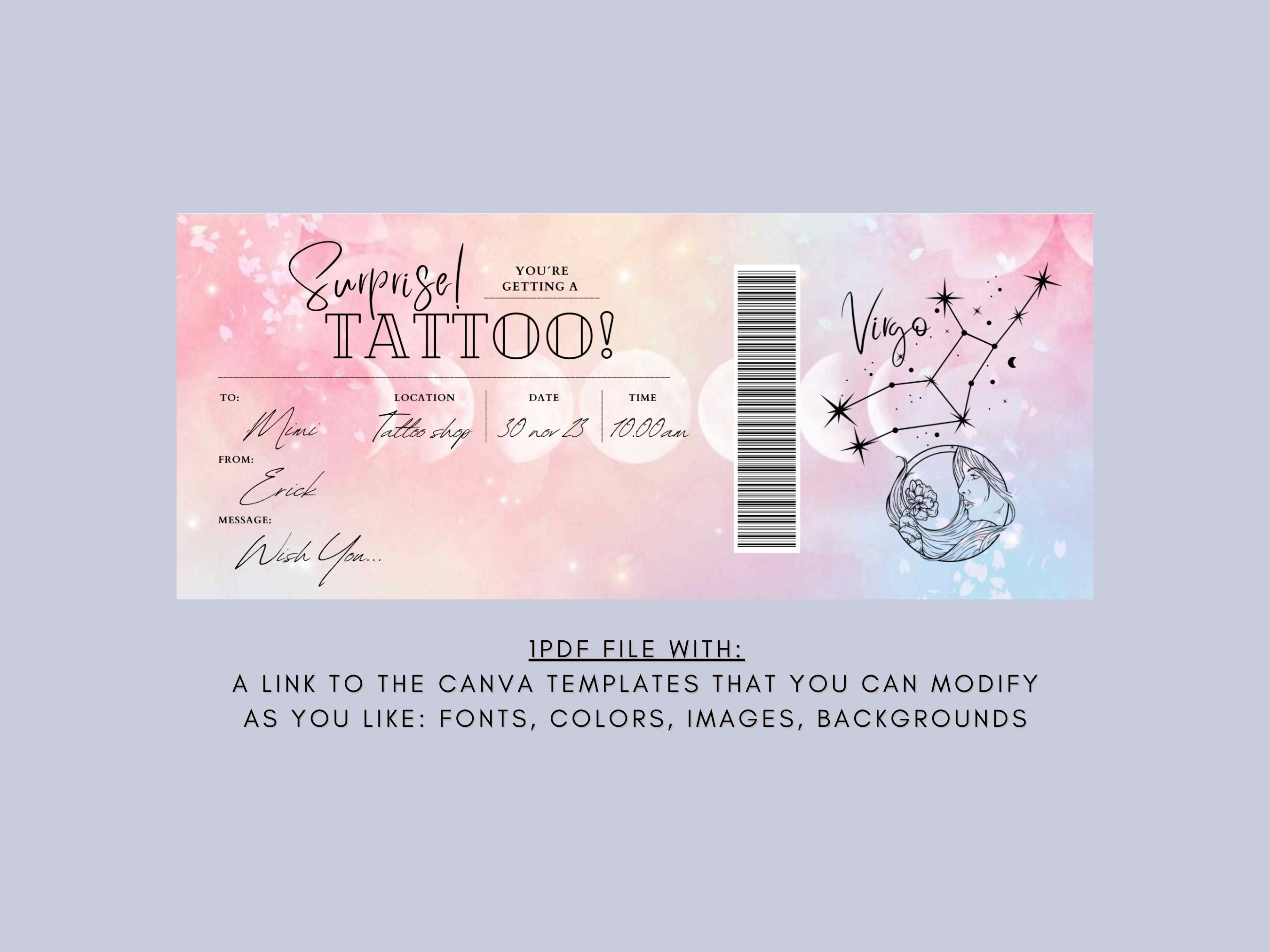 EDITABLE TATTOO GIFT Card tattoo Ticket Templatetattoo Gift - Etsy