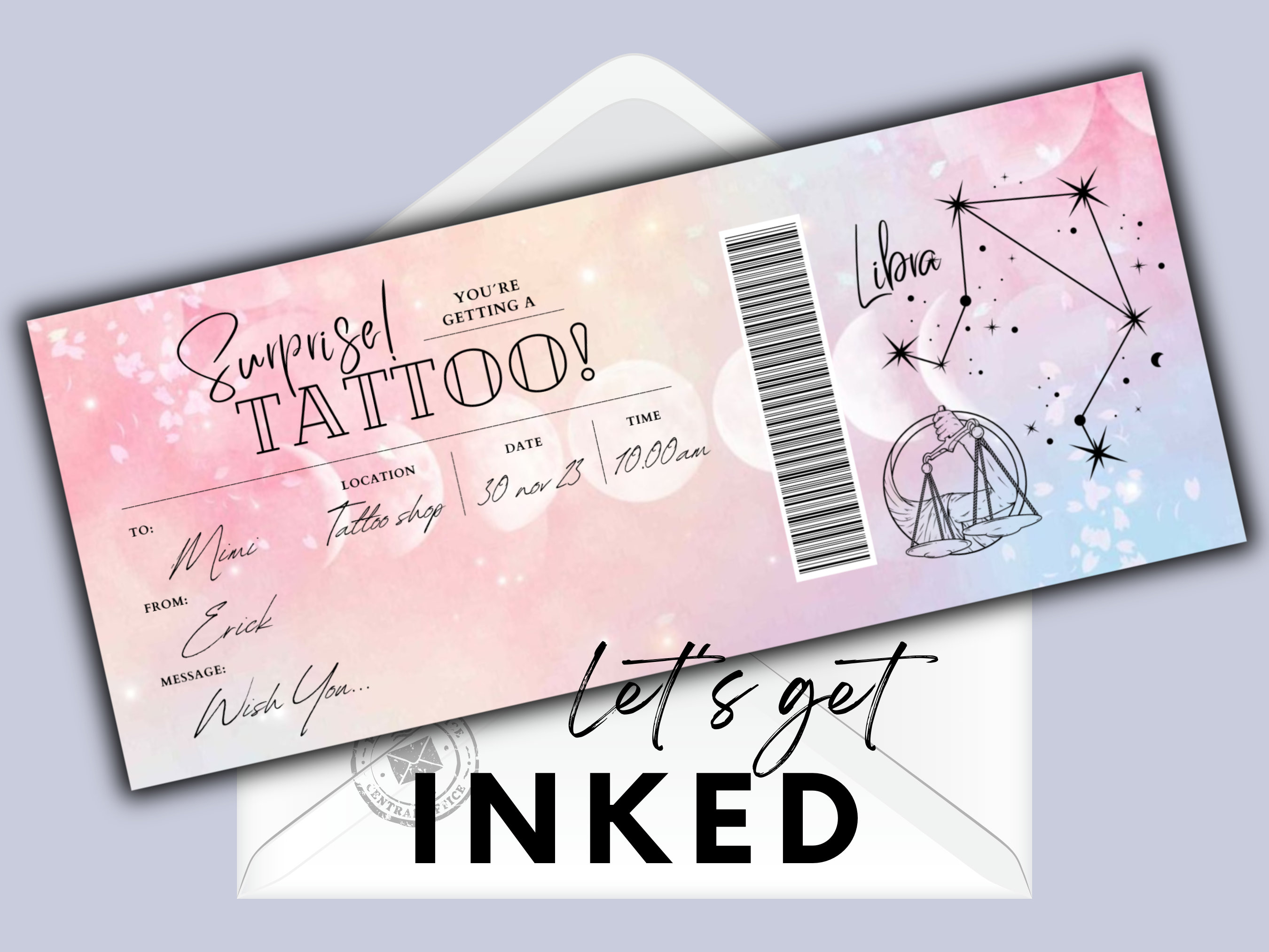 EDITABLE TATTOO GIFT Card tattoo Ticket Templatetattoo Gift - Etsy
