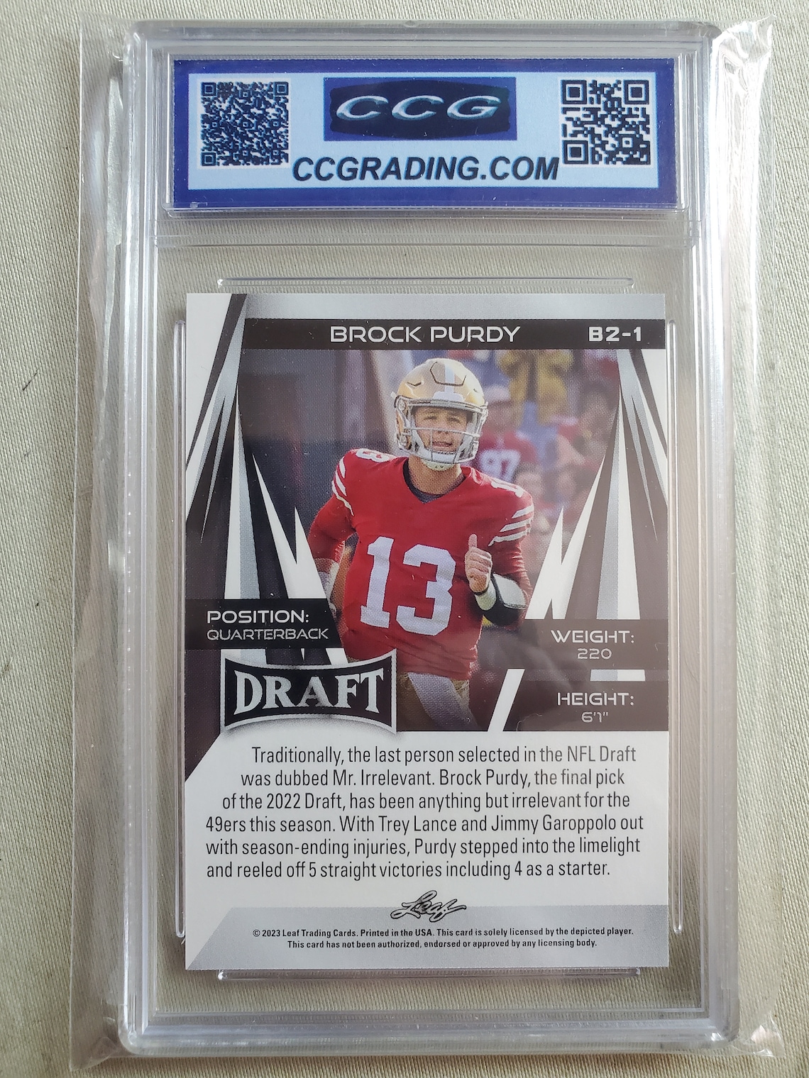 2023 Leaf Draft Brock Purdy CCG Gem-mint 10. - Etsy
