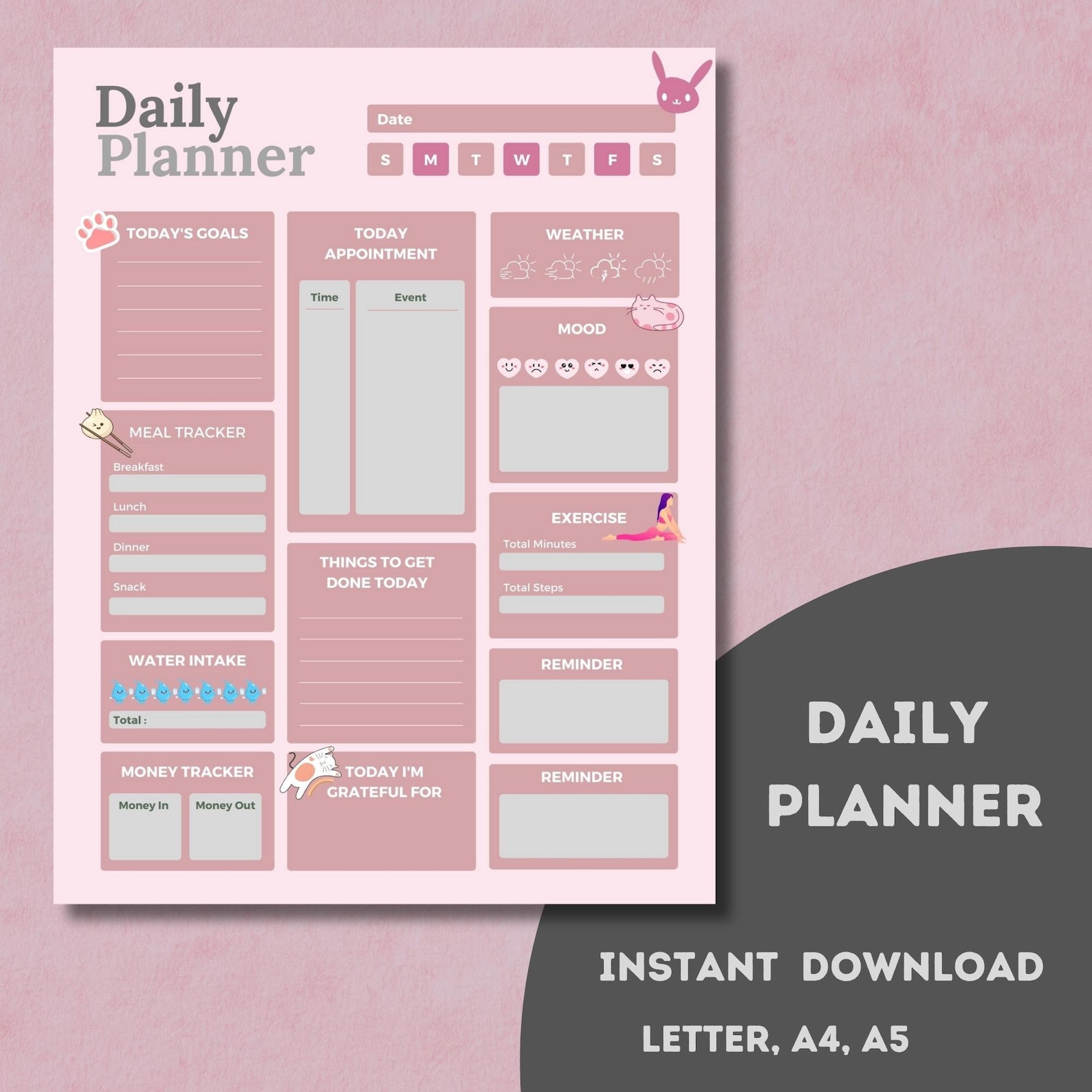 Printable Cute Daily Planner, Pink Daily Planner, Digital Planner ...