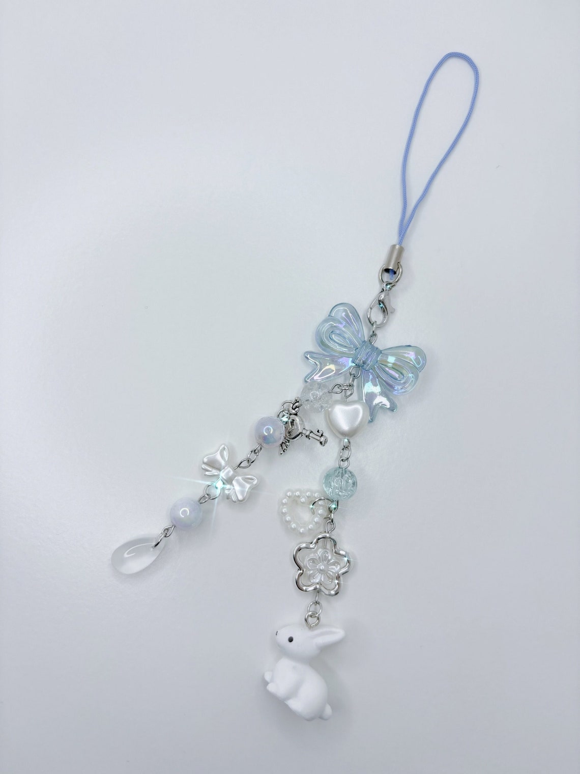 Bunny Bliss Bow Keychain Blue Keychain With White Bunny Charm Kawaii ...