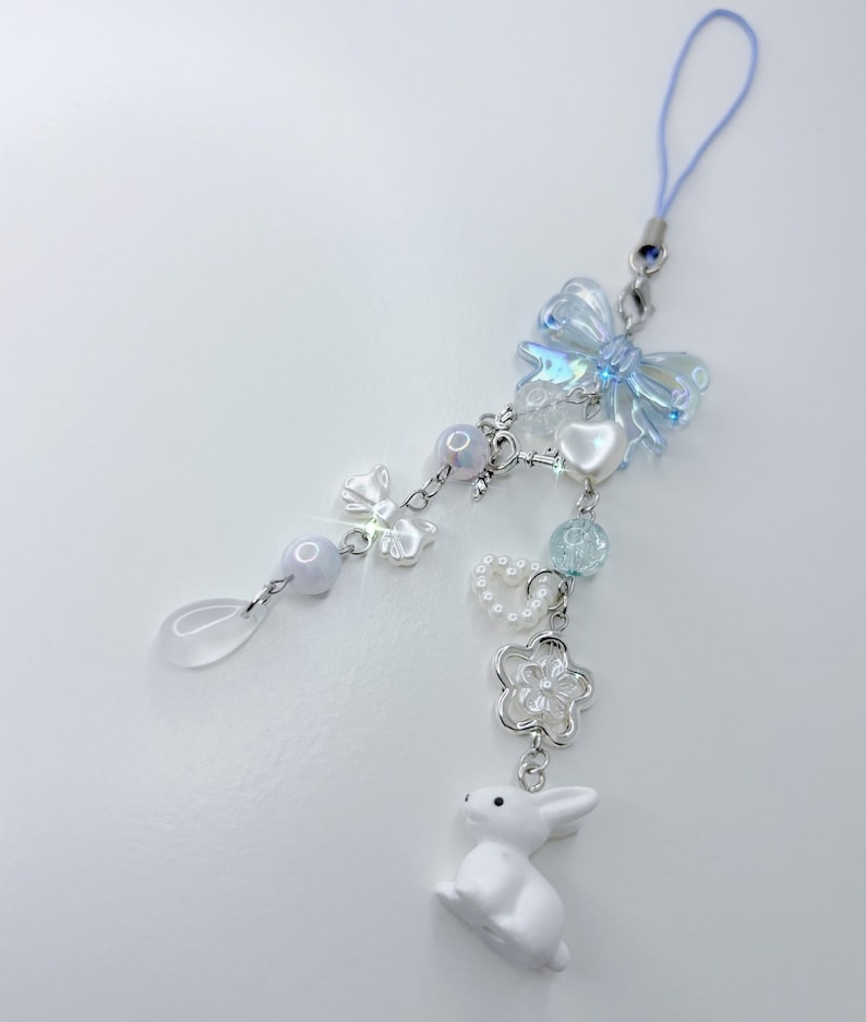 Bunny Bliss Bow Keychain Blue Keychain With White Bunny Charm Kawaii ...