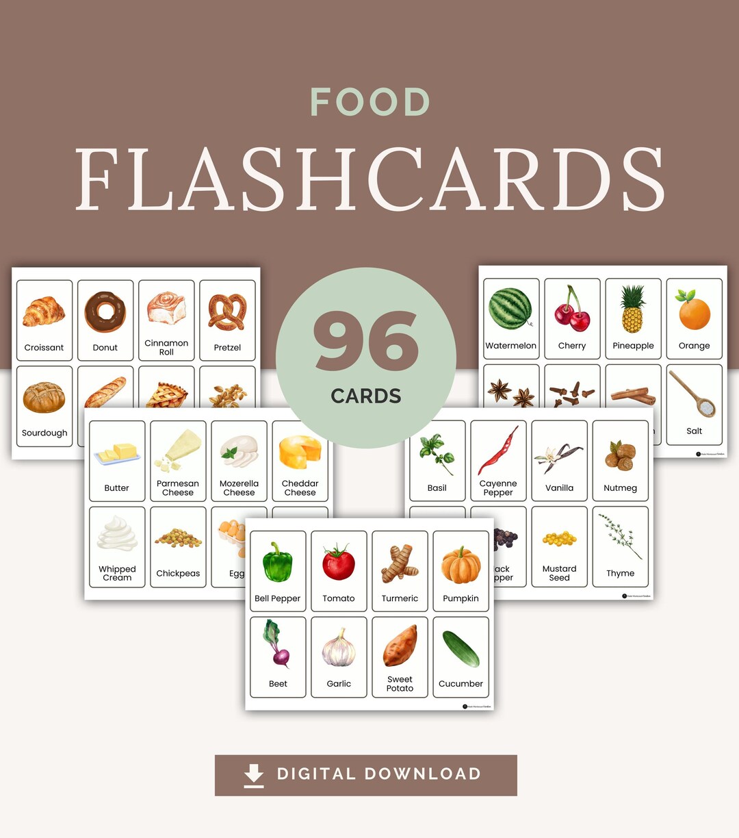 96 Food Flashcards Printable PDF Montessori Cards for Kids Preschool ...