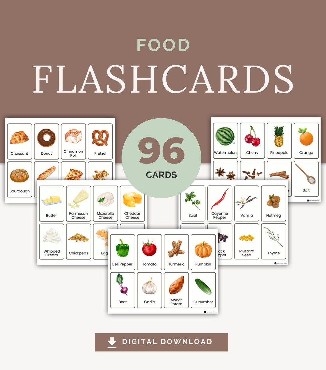 96 Food Flashcards Printable PDF Montessori Cards for Kids Preschool ...